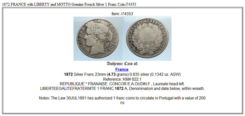 1872 FRANCE with LIBERTY and MOTTO Genuine French Silver 1 Franc Coin ...