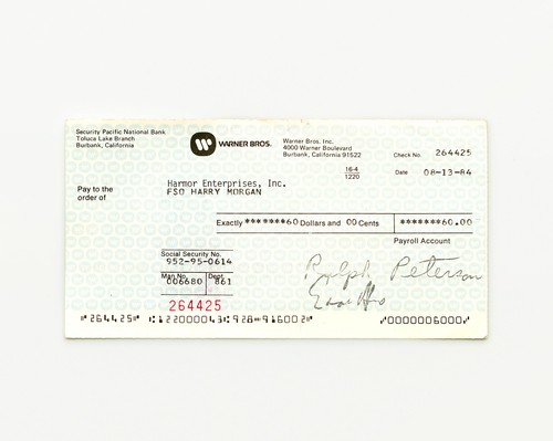 Warner Brothers check to Harry Morgan 1984 genuine nice used but small ...