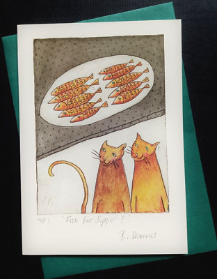 Art Greeting Card Cats Fish for Supper Two Bad Mice | eBay