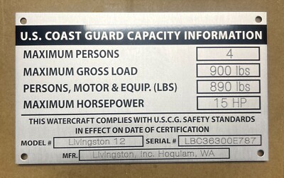 BOAT CAPACITY Coast Guard Aluminum Plate Custom Engraved Bass Tracker ...