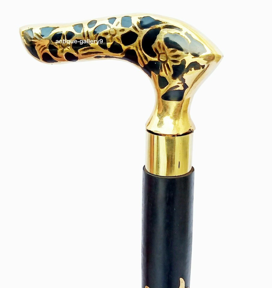 Antique Brass long head Handle Wooden Walking Stick Cane Vintage Style ...