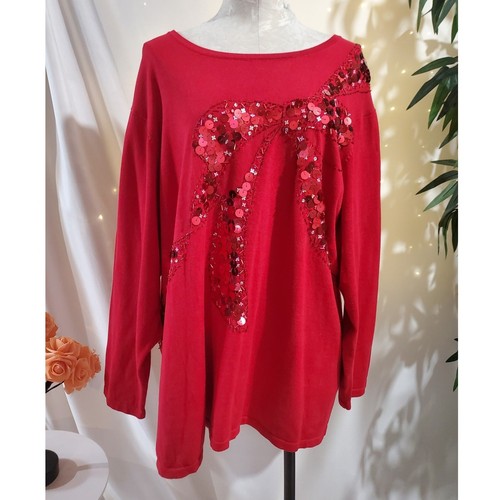 Vtg Quacker Factory Sequin Beaded Embellished Bow Top Plus Size 3X Red ...