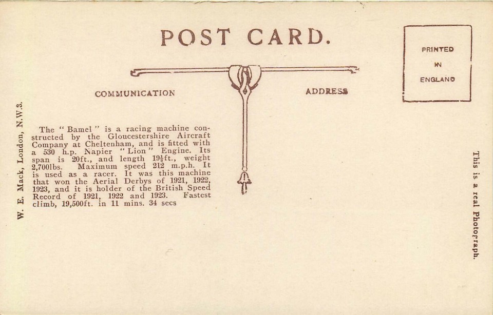 EARLY AVIATION, THE GLOSTER BAMEL RACING AIRPLANE, UK, RPPC, VINTAGE ...