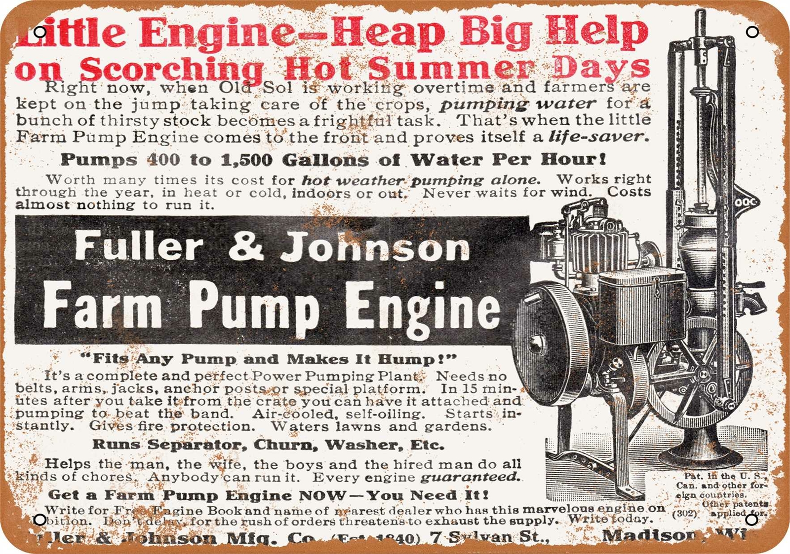 Metal Sign - 1911 Fuller Johnson Farm Pump Engine - Vintage Look ...