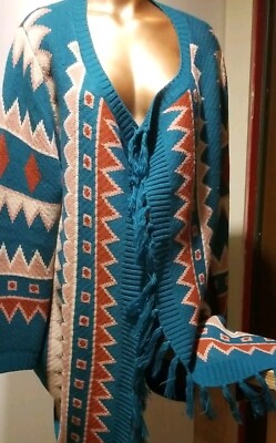 Native design tribal long Fringe cardigan warm Green Sweater Sweeper ...