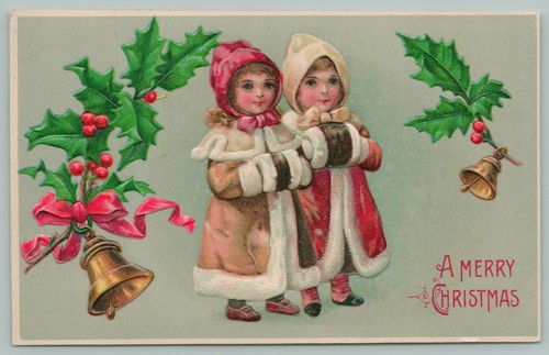 Christmas~Two Lil Girls In Long Fur Trimmed Winter Coats~Muffs~Holly~B ...