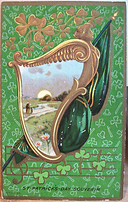 Postcard ST PATRICKS DAY SOUVENIR Irish Harp Shamrocks Series 551 ...
