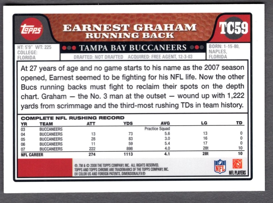 2008 TOPPS CHROME EARNEST GRAHAM CARD #TC59 **NM-MT** TAMPA BAY ...