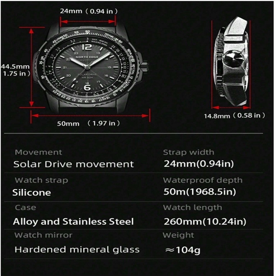 Military Solar Pilot Watch Photon Black 50M Waterproof North Edge Mens ...