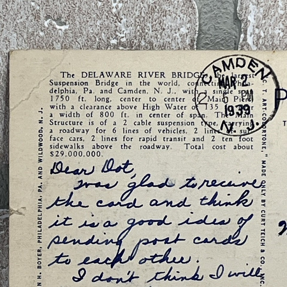 Camden, NJ New Jersey Delaware River Bridge Vintage Postcard Posted ...