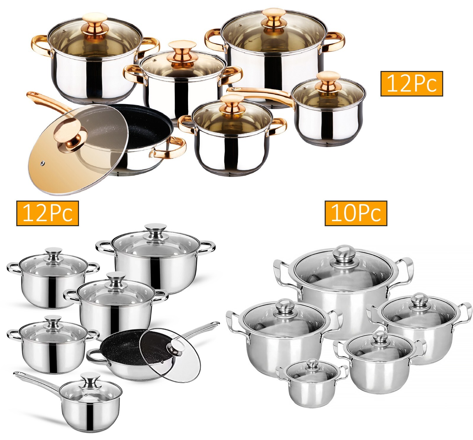 STAINLESS STEEL 10/12 Pcs INDUCTION HOB CASSEROLE POT COOKWARE DINING ...