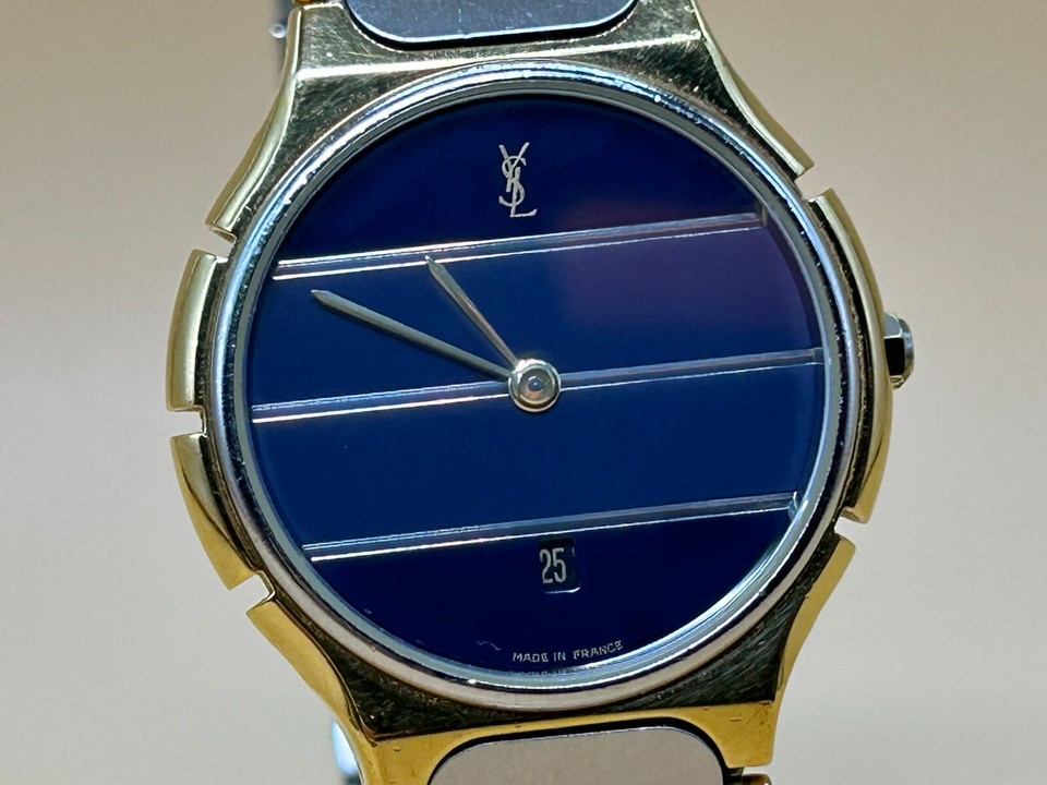 YVES SAINT LAURENT Three Lines NAVY Gold Date 30mm France QZ Watch From ...