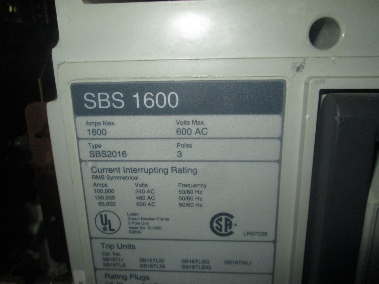 Siemens SBS 1600 (SBS2016) 1600A 3P 600V MO/DO Circuit Breaker w/LSI ...