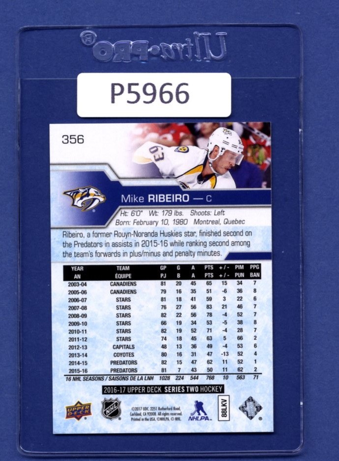 2016-17 UD Exclusives 039/100 Mike Ribeiro #356 (Pack Fresh) Hockey ...