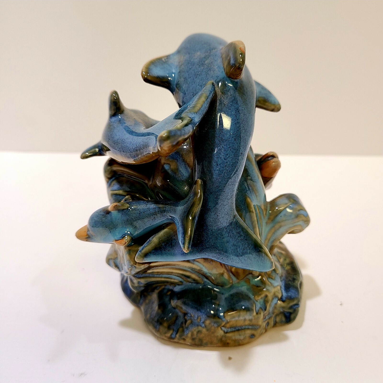 Glazed Pottery Dolphins Figure School Of Dolphins 6" Blue Green Brown ...