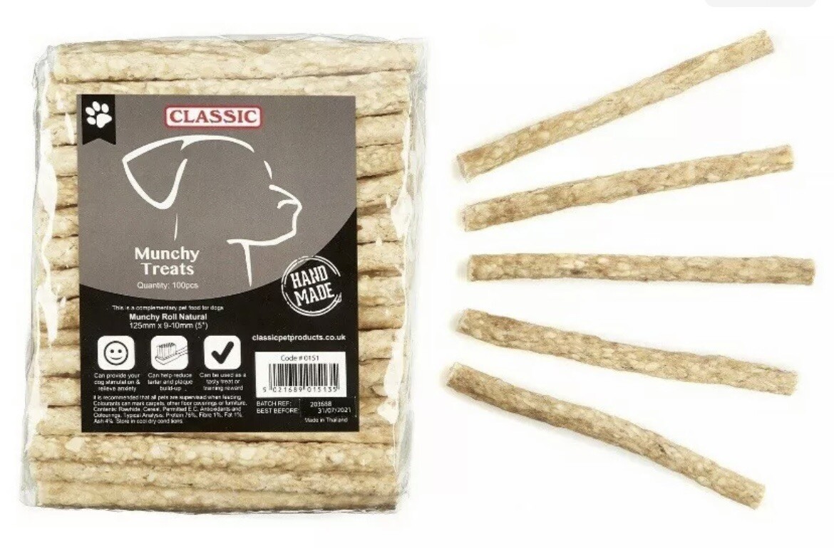 Classic 100 x Rawhide Healthy Dog Chews Treats Snack Sticks Munchy Roll ...