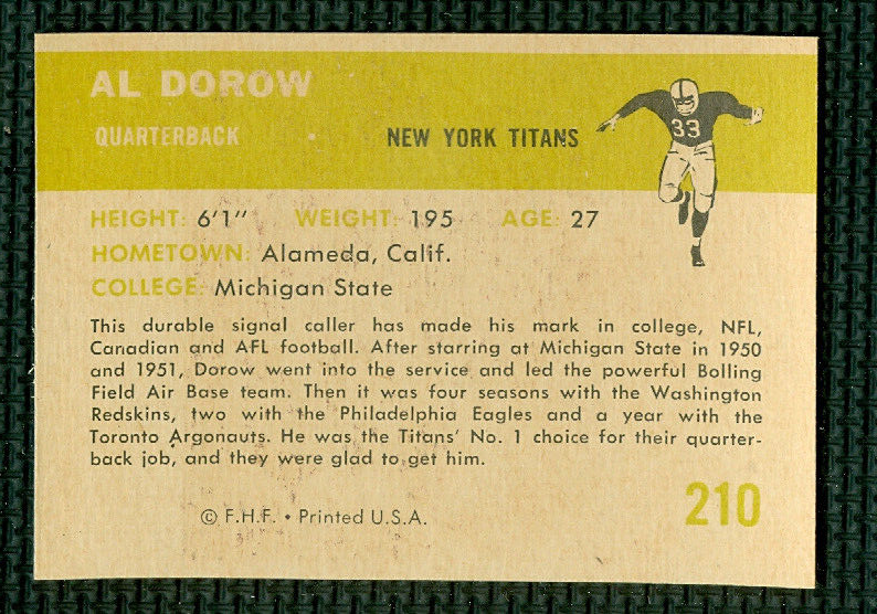 1961 FLEER FOOTBALL # 210 AL DOROW SP TITANS MINT PERFECT CENTERED RARE ...
