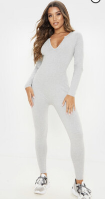 Pretty Little Thing Grey Seamless Cotton Elastane V Neck Jumpsuit US Sz ...