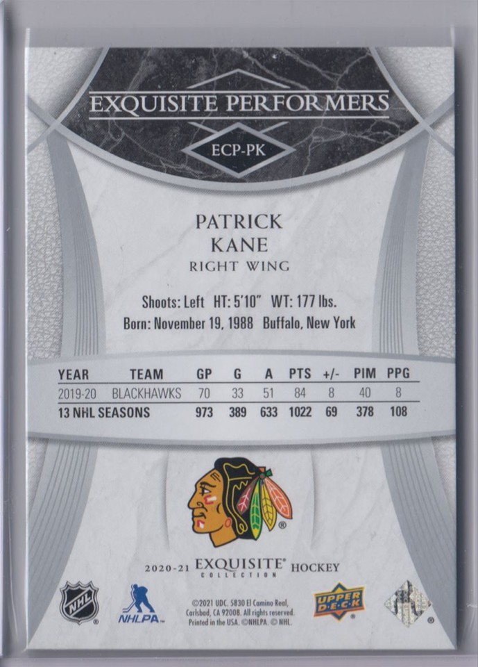 2020-21 UD Exquisite Collection Base Patrick Kane /199 Chicago ...