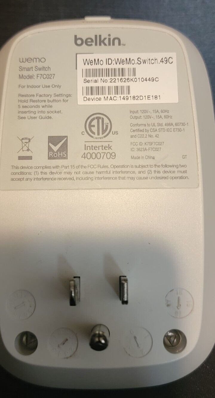 Belkin WeMo Smart Switch F7C027 WiFi Smart Plug/Switch- TESTED ...