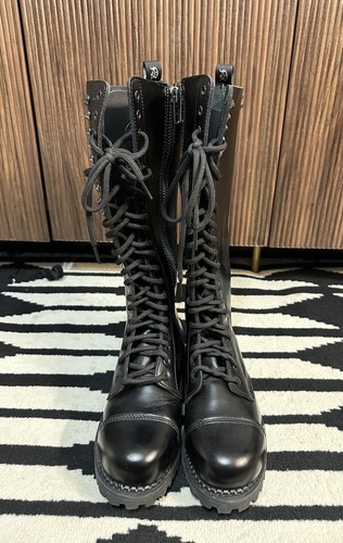 DEMONIA RIOT-20 Men Black Faux Leather Biker Combat Steel Toe Lace Up ...