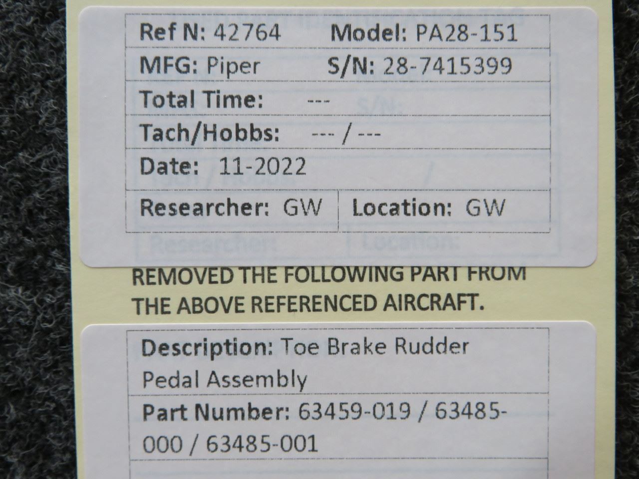 63459-019 / 63485 Piper PA28-151 Toe Brake Rudder Pedal Assy (CORE) | eBay