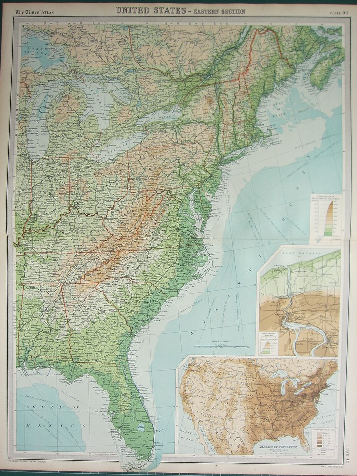 1921 LARGE MAP ~ UNITED STATES EASTERN SECTION NIAGARA FALLS POPULATION ...
