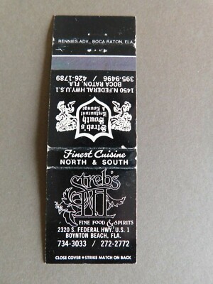 Matchbook cover- Streb's III, Boynton Beach / Streb's South, Boca Raton ...