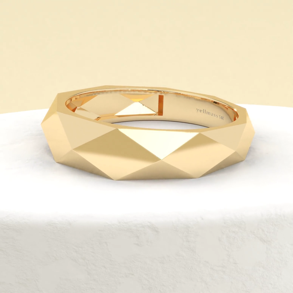 10K Solid Yellow Gold Faceted Ring Geometric Wedding Band Modern ...