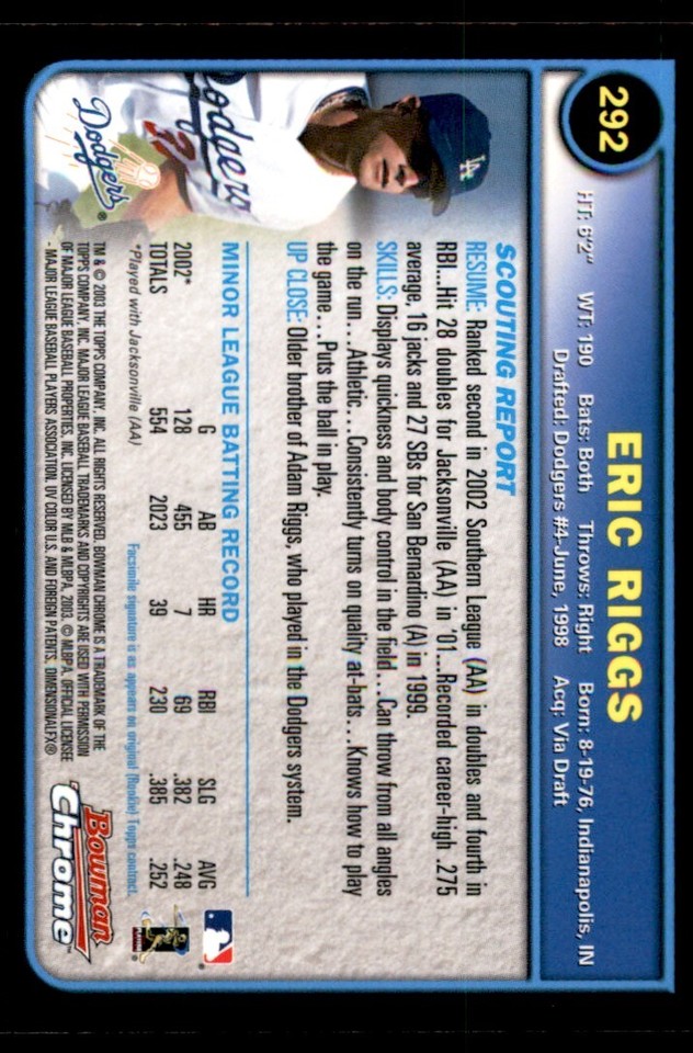 2003 Bowman Chrome Eric Riggs Rookie . Los Angeles Dodgers #292 | eBay