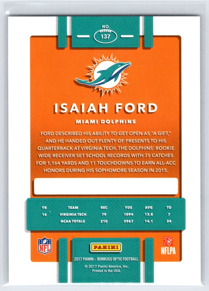 2017 Panini Donruss Optic #137 Isaiah Ford RC | eBay
