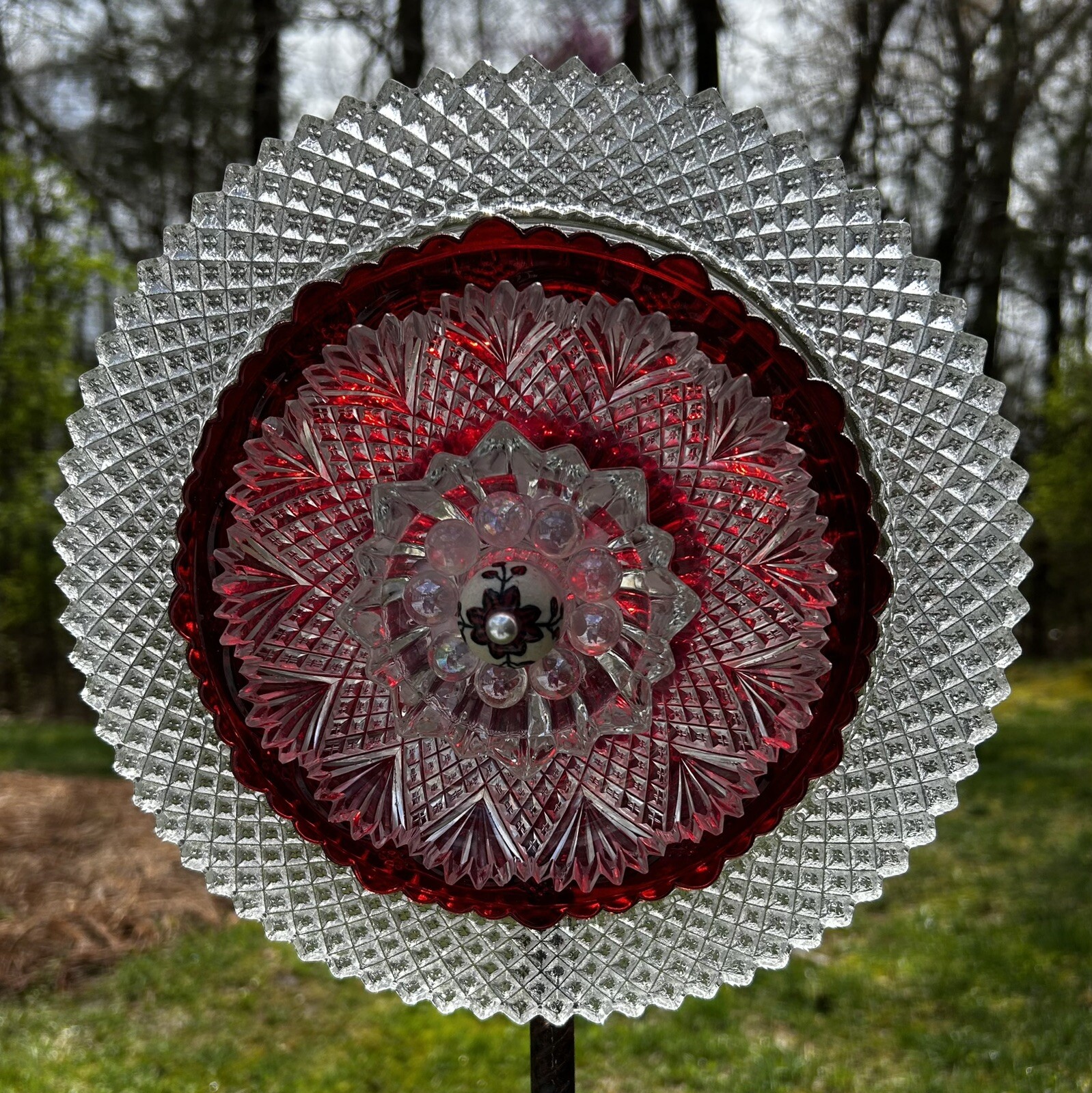 Ruby Red & Clear Diamond Star Glass Garden Flower Repurposed Suncatcher ...
