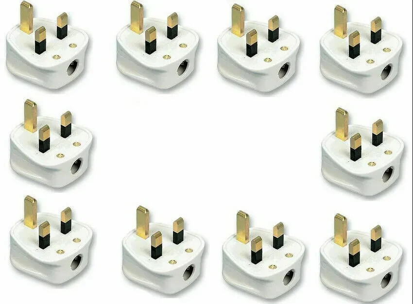 BULK 13 AMP UK 3 PIN FUSED WHITE MAINS PLASTIC PLUG 13A PACK SOCKET ...