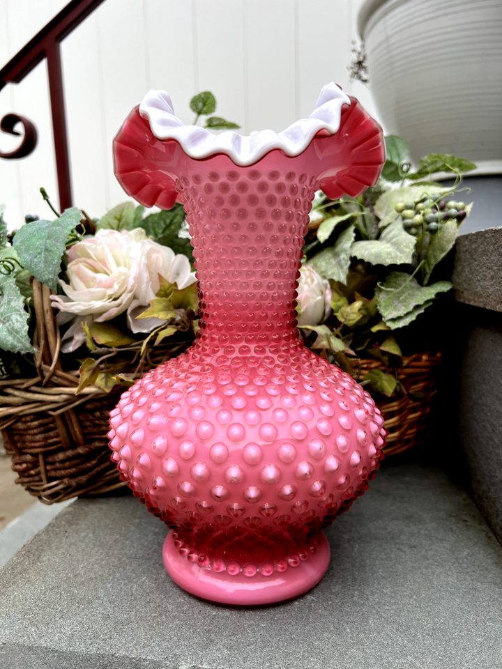 RARE Fenton***WILD ROSE OVERLAY HOBNAIL LG. 11” VASE*** #3752 WR..1961 ...