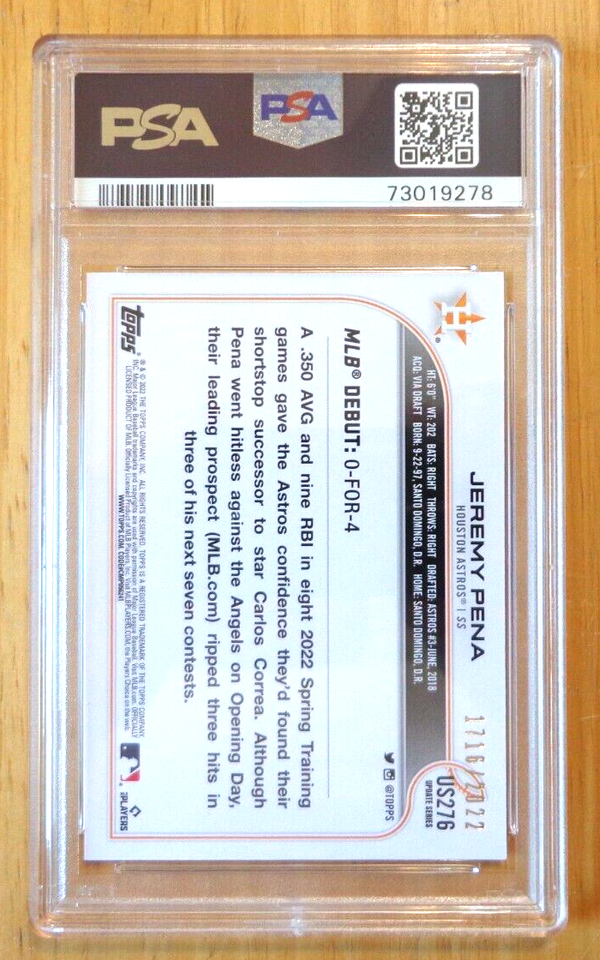2022 Topps Update Jeremy Pena GOLD #US276 PSA 10 GEM MINT ROOKIE CARD ...
