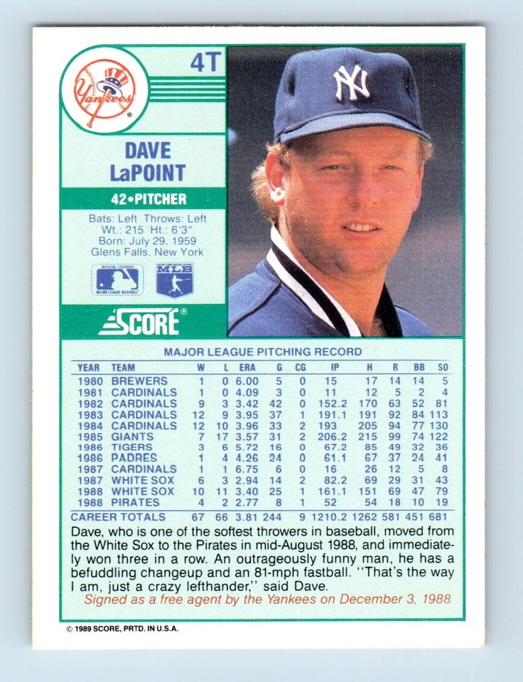 1989 Score Rookie & Traded Dave LaPoint New York Yankees #4T | eBay