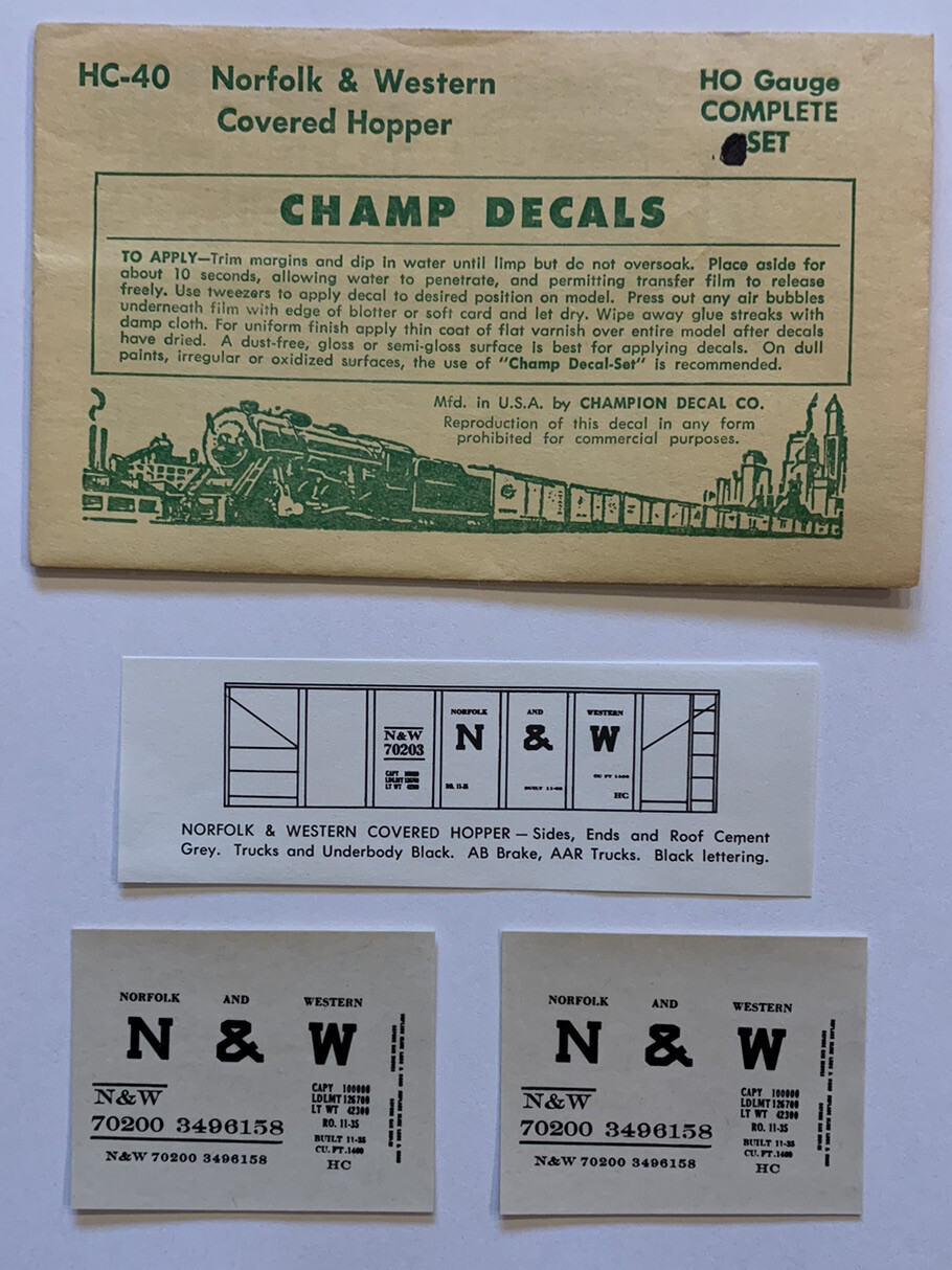CHAMP HO DECAL-NORFOLK & WESTERN/N&W COVERED HOPPER-GRAY w/BLACK LETT # ...