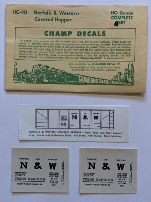 CHAMP HO DECAL-NORFOLK & WESTERN/N&W COVERED HOPPER-GRAY w/BLACK LETT # ...