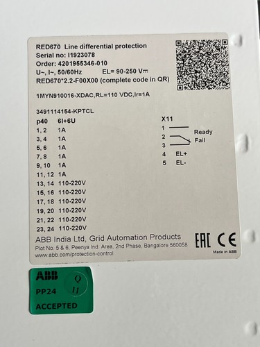 ABB RED670 LINE DIFFERENTIAL PROTECTION RELAY RED670*2.2-F00X00 ...