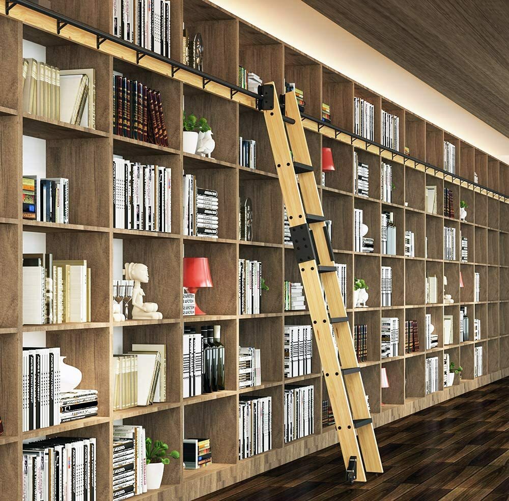 DIYHD Unfinished Pine Wood Sliding Library Ladder with Metal Step ...
