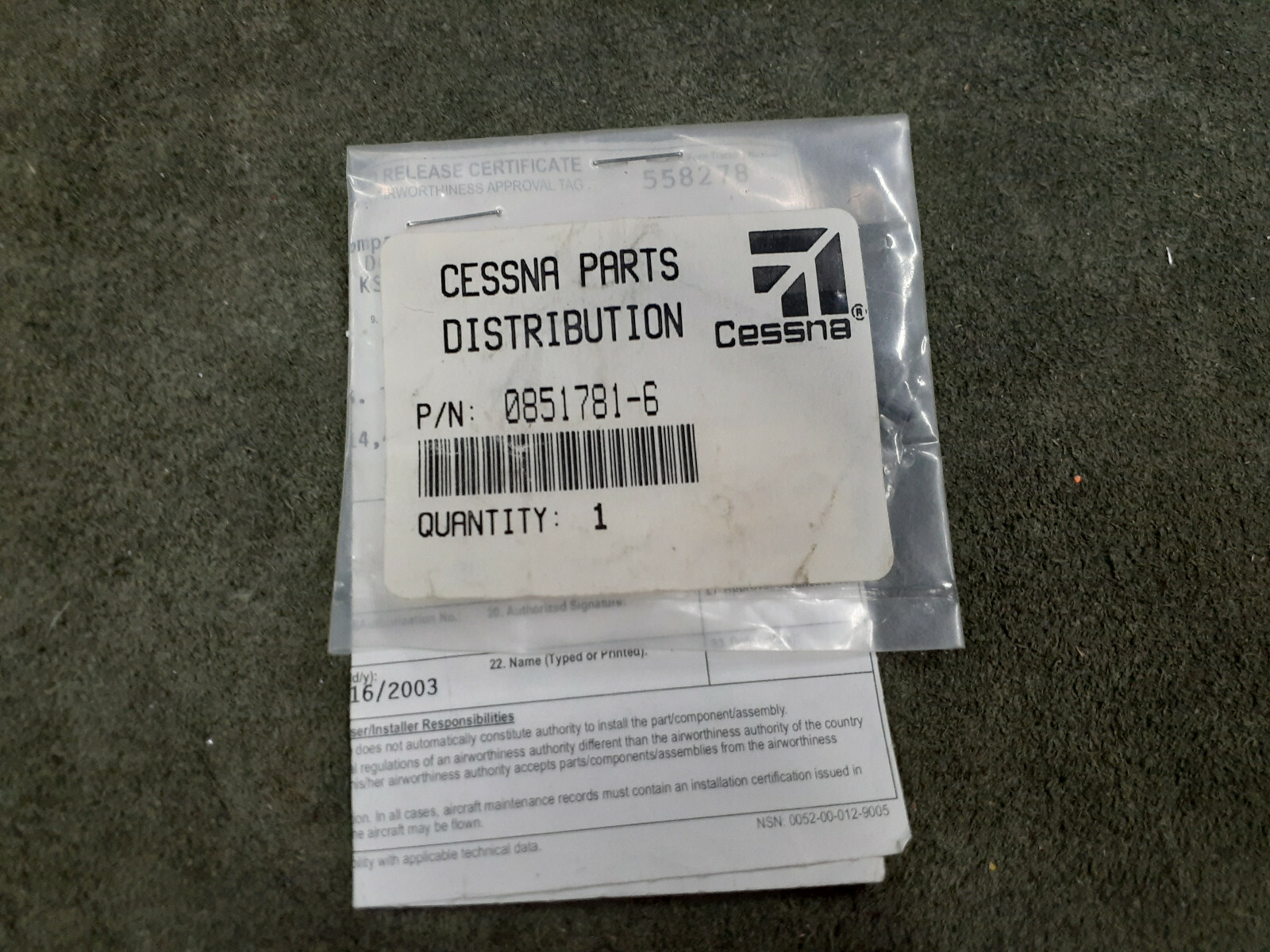 Cessna Part No. 0851781-6 Spring with 8130-3 | eBay