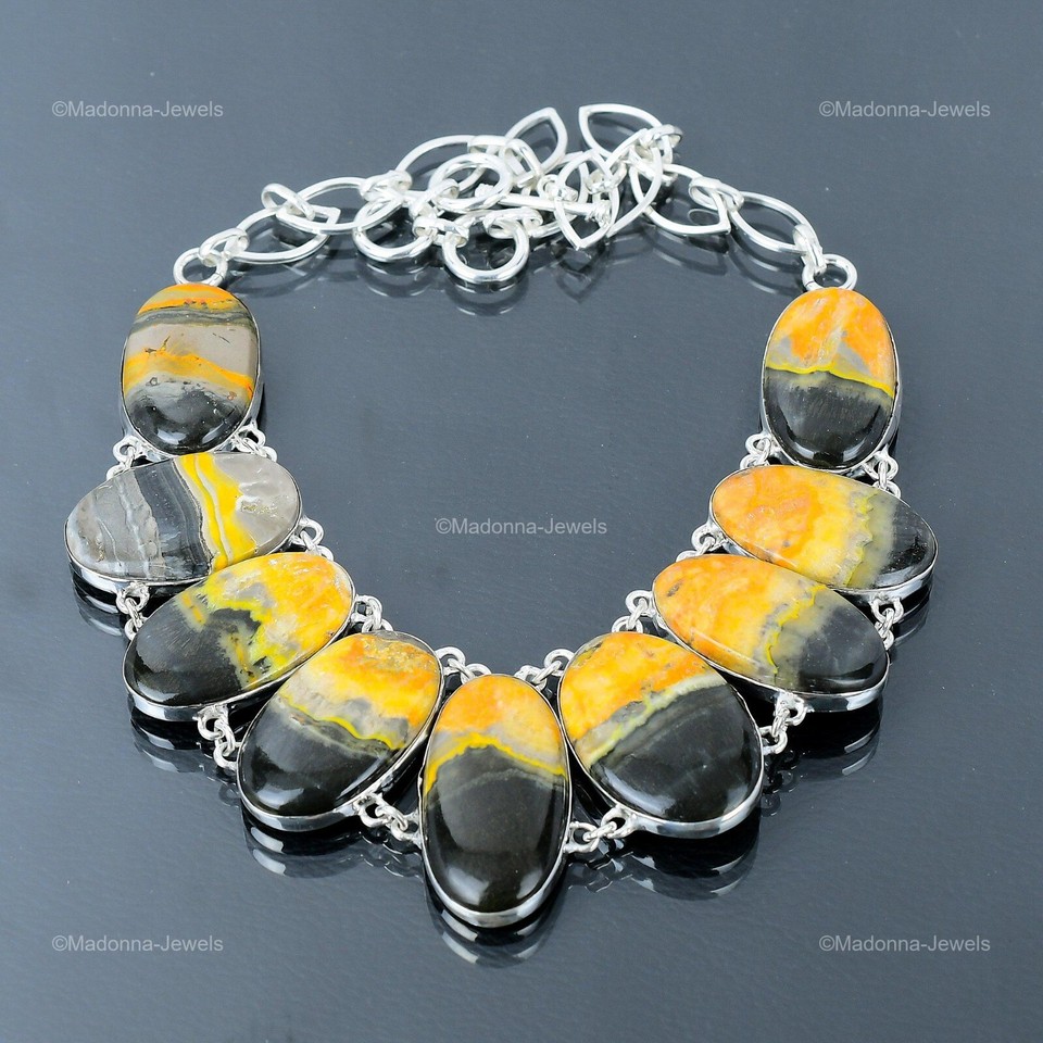 925 Sterling Silver Natural Bumble Bee Jasper Chain Handmade Necklace ...