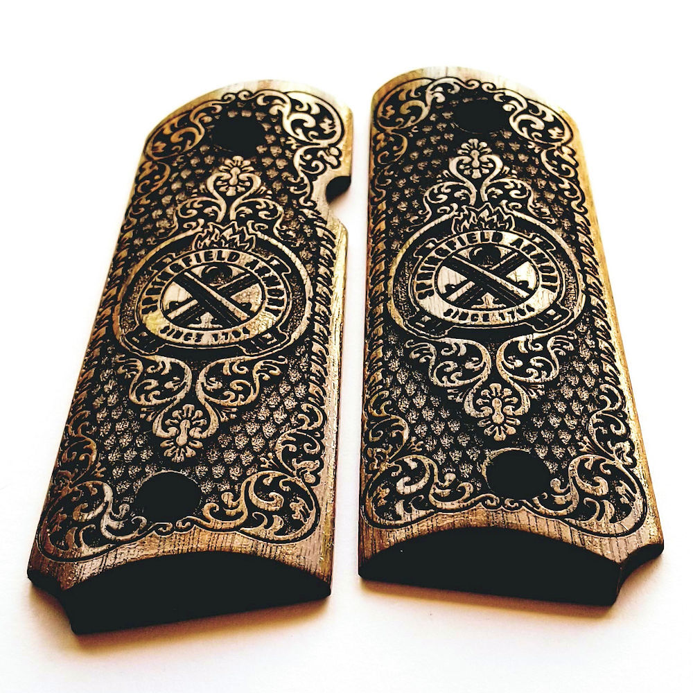 Compact 1911 custom 3D engraved walnut wood grips Scroll Springfield ...