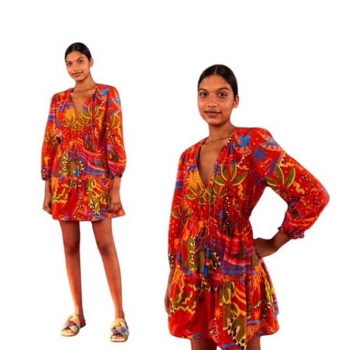 Farm Rio Red Magic Forest Mini Dress Red Colorful Long Sleeve Bead Ties ...