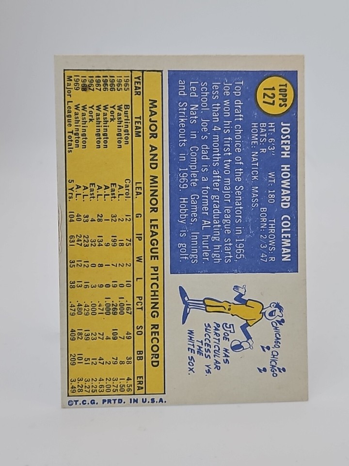 1970 Topps #127 Joe Coleman Vintage Washington Senators Baseball Card ...