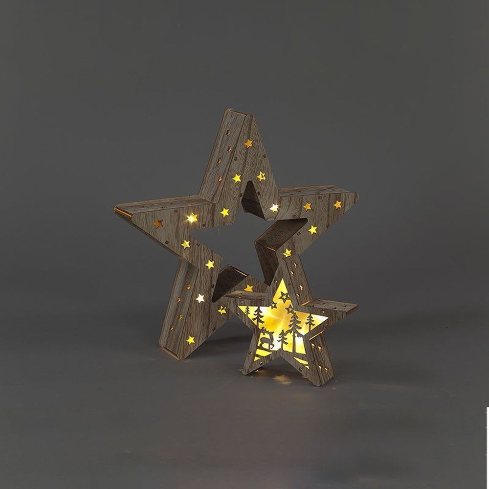 Christmas Set of 2 Rustic Wooden Stars Light Up Decoration Table top ...