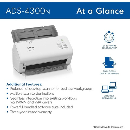 Brother ADS-4300N Cordless Sheetfed Scanner - 600 x 600 dpi Optical ...