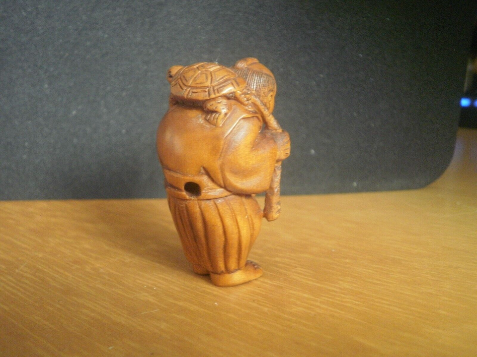 Hand Carved wood netsuke man with gift and turtle collectable boxwood ...