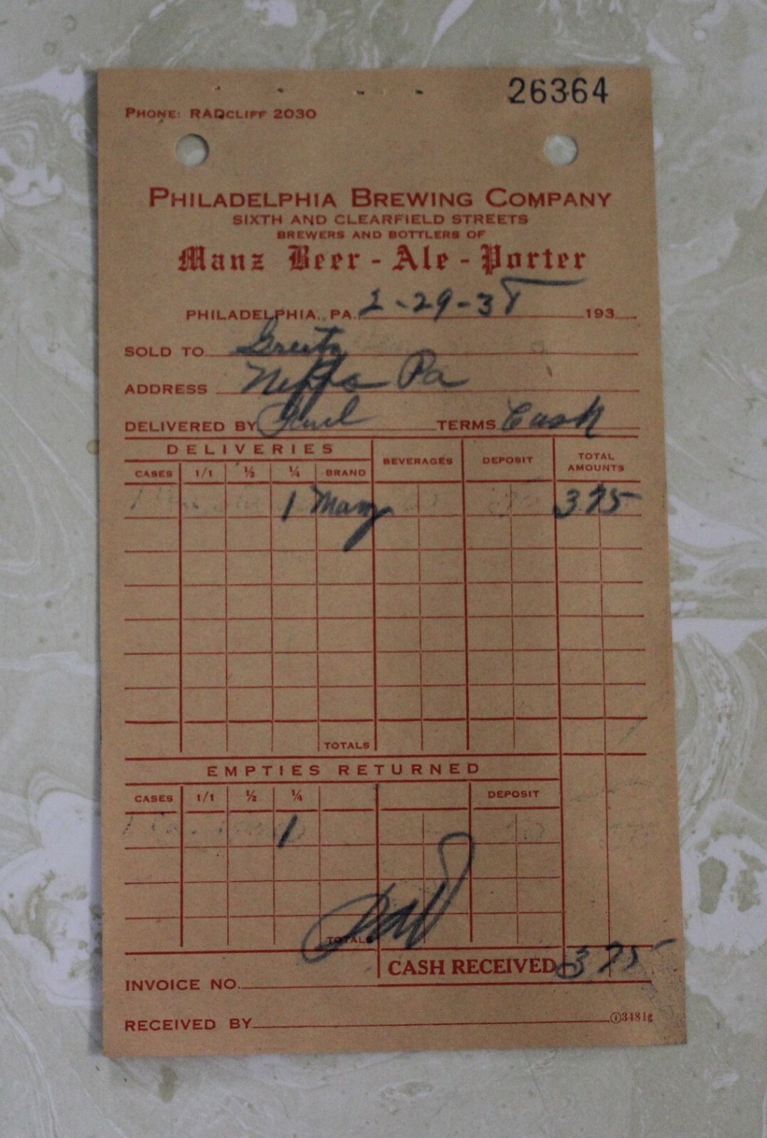 VINTAGE RECEIPT FROM PHILADELPHIA BREWING CO. 1930'S | eBay