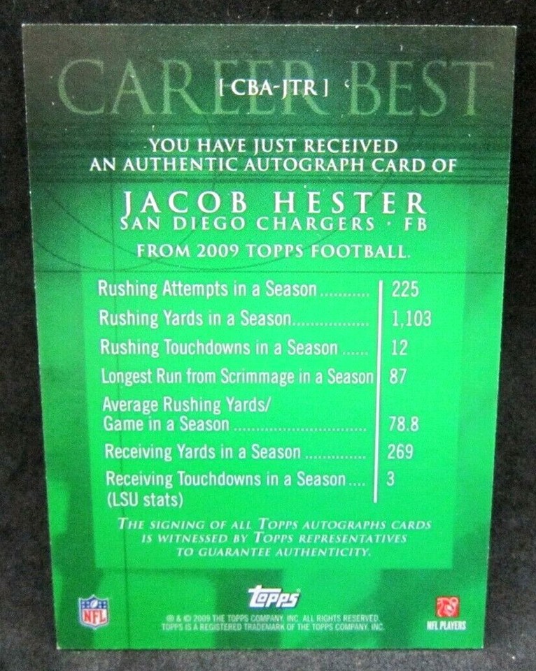 Jacob Hester 2009 Topps Career Best Blue Sharpie Auto Card!Chargers FB ...